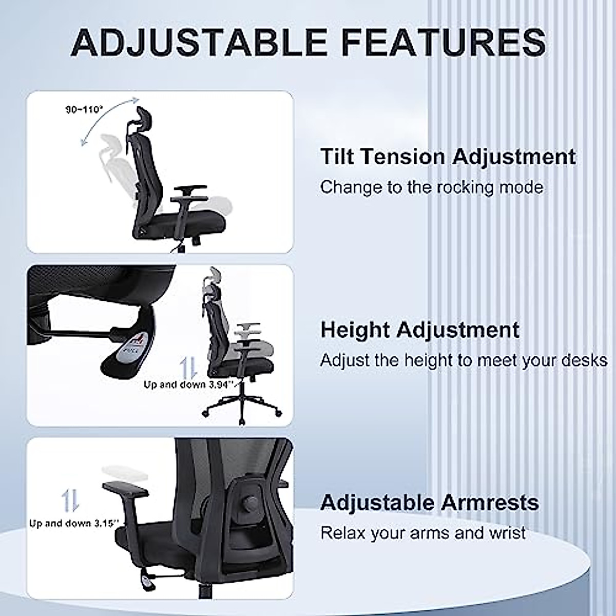 Ergonomic Home Office Chair, High Back Desk Chair with Adjustable Lumbar Support, 2D Armrest and Headrest, Black Mesh Computer Gaming Chair with Tilt Function
