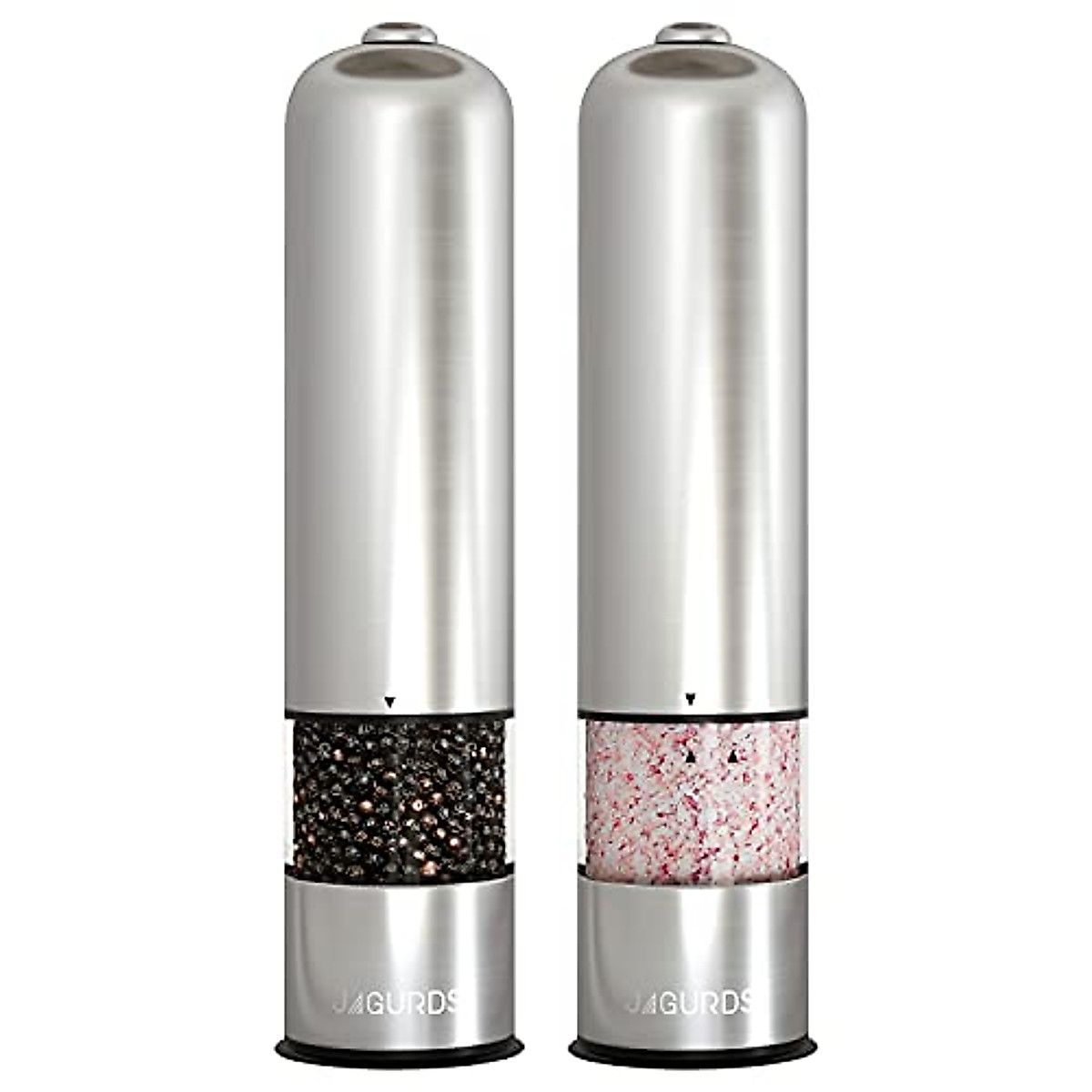 Electric Salt and Pepper Grinder Set - Automatic, Refillable, Battery Operated Stainless Steel Pepper Mill and Salt Grinder with Light - One Handed Push Button Salt and Pepper Shakers