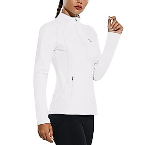BALEAF Women's Fleece Running Jacket Half-Zip Cold Weather Gear Thermal Shirts Tops Athletic Pullover Workout Winter White Large