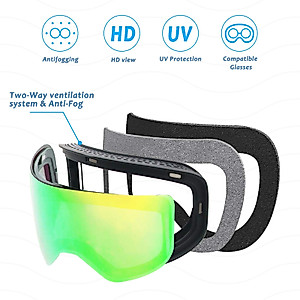 VANE Ski Goggles, Snowboard Goggles Over Glasses, Anti Fog UV Protection Snow Goggles OTG Interchangeable Lens for Men Women Snowmobile, Skiing, Skating