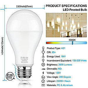 MAXvolador A21 LED Light Bulbs, 150 Watt Equivalent Daylight White 5000K, 2600 Lumens, E26 Base, Non-Dimmable, 19W Bulbs for Bedroom Living Room Commercial Lighting, Pack of 6