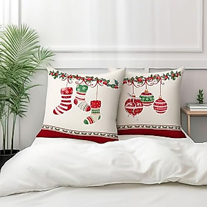 Cryfox Merry Christmas Pillow Covers 18x18 Set of 2 Winter Christmas Ball Ornament Stocking Pillow Cases Cotton Pillowcase Christmas Art Decor Throw Pillow Covers Standard Size for Couch Bed Sofa
