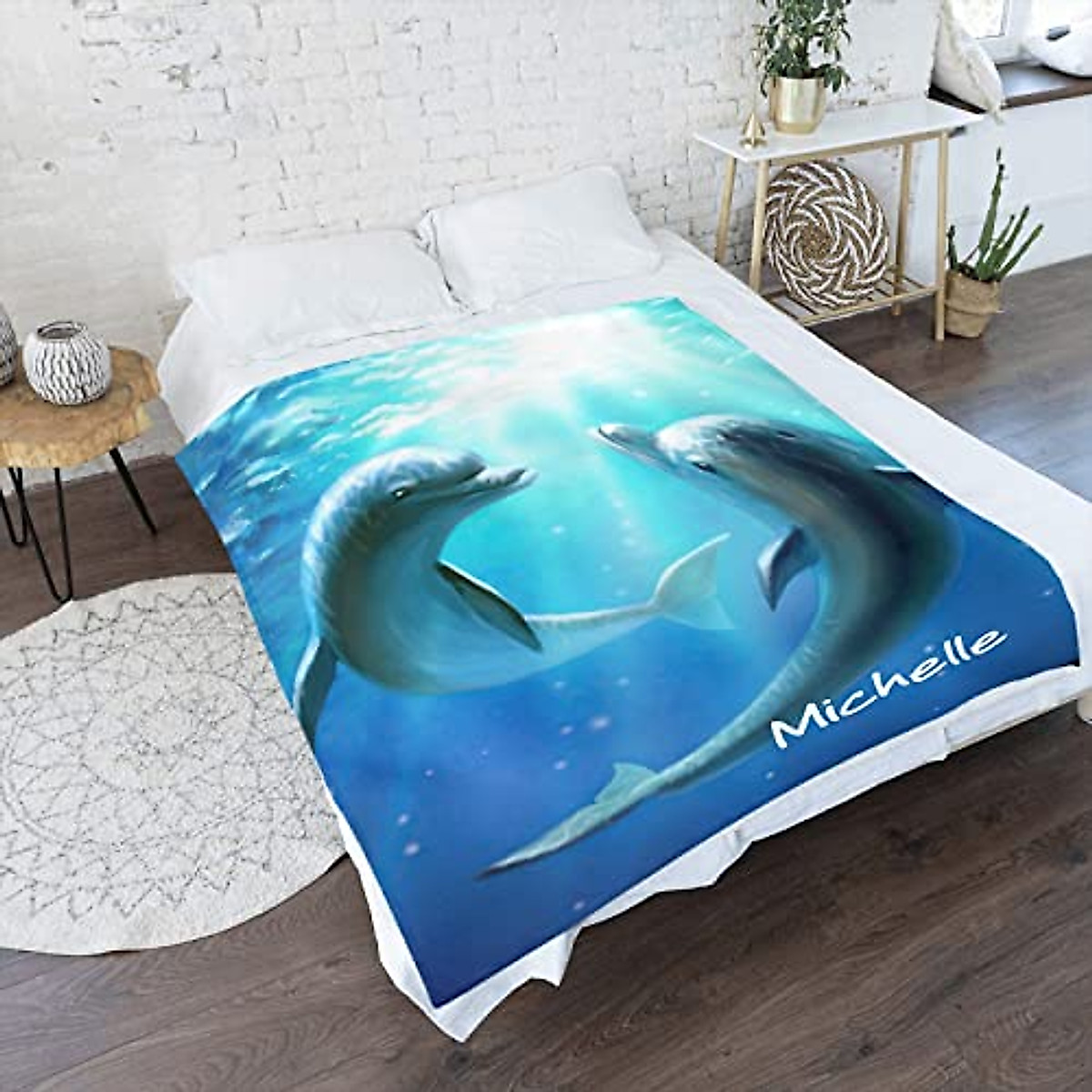 Dolphins Deep Ocean Personalized Blanket with Name Text Custom Comfort Super Soft Cozy Fleece Fashion Throw Blankets for Wedding Birthday Gift 50x60 Inch