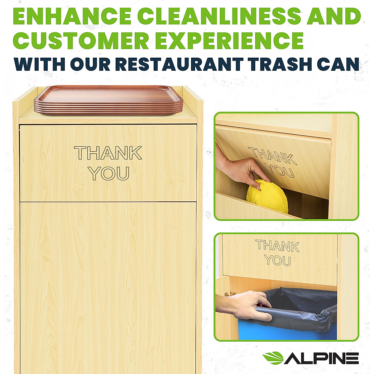 Alpine Restaurant Trash Can Cabinet with Tray Holder - Thank You Trash Can, Commercial Trash Can 40 Gallon Garbage Can Cabinet for Restaurants, Cafeterias (Oak)