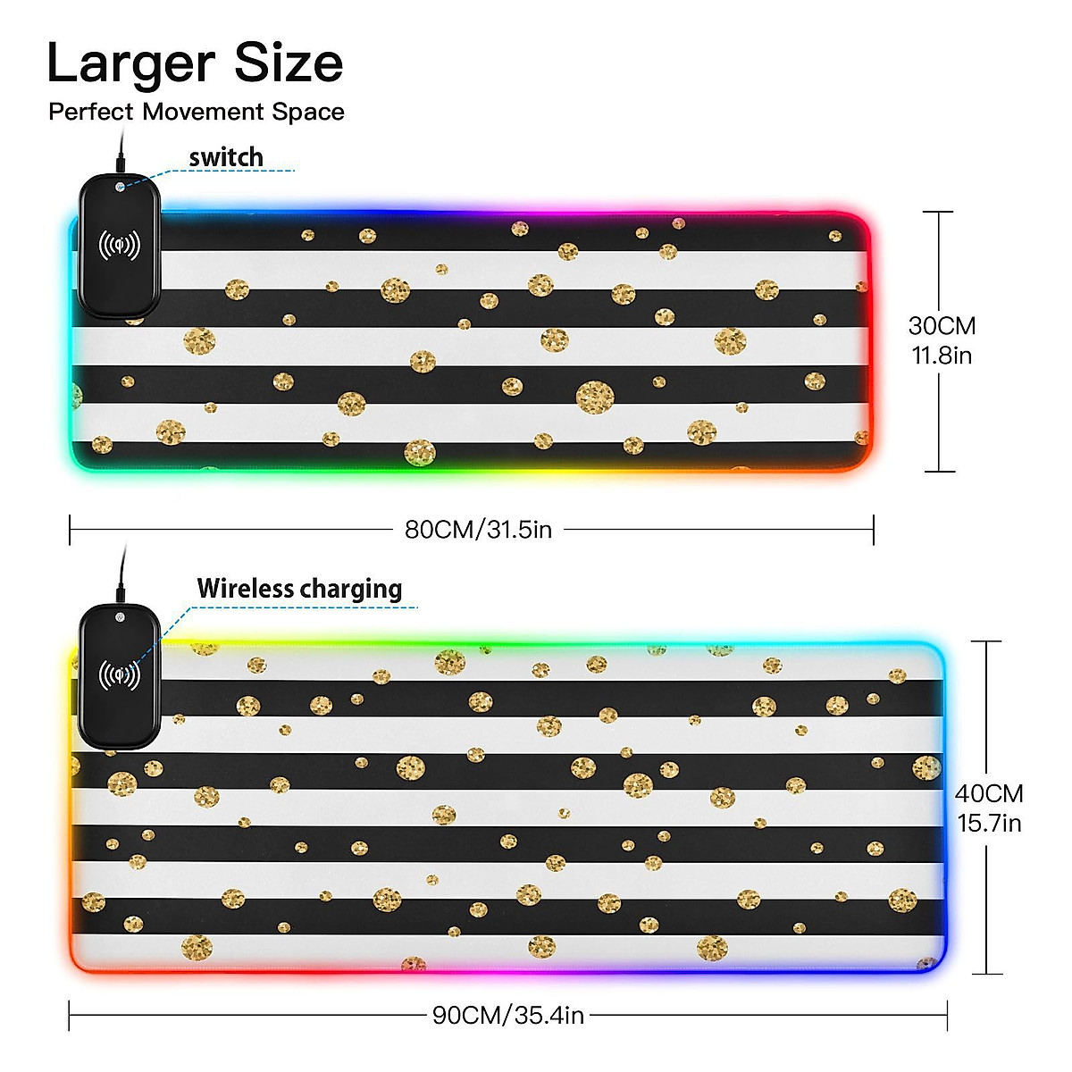 Gold Polka Dot on Lines Wireless Charging Mouse Pad for Mobile Phone Extra Large Gaming Mousepad with 13 Lighting Modes Keyboard Mat for MacBook PC Laptop Desk Office Home Gaming