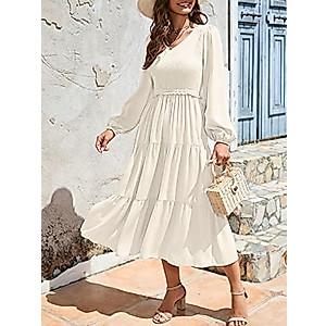 MEROKEETY Women's Long Sleeve Smocked Fall Dress A Line Tiered Midi Maxi Dress with Pockets,Beige,M