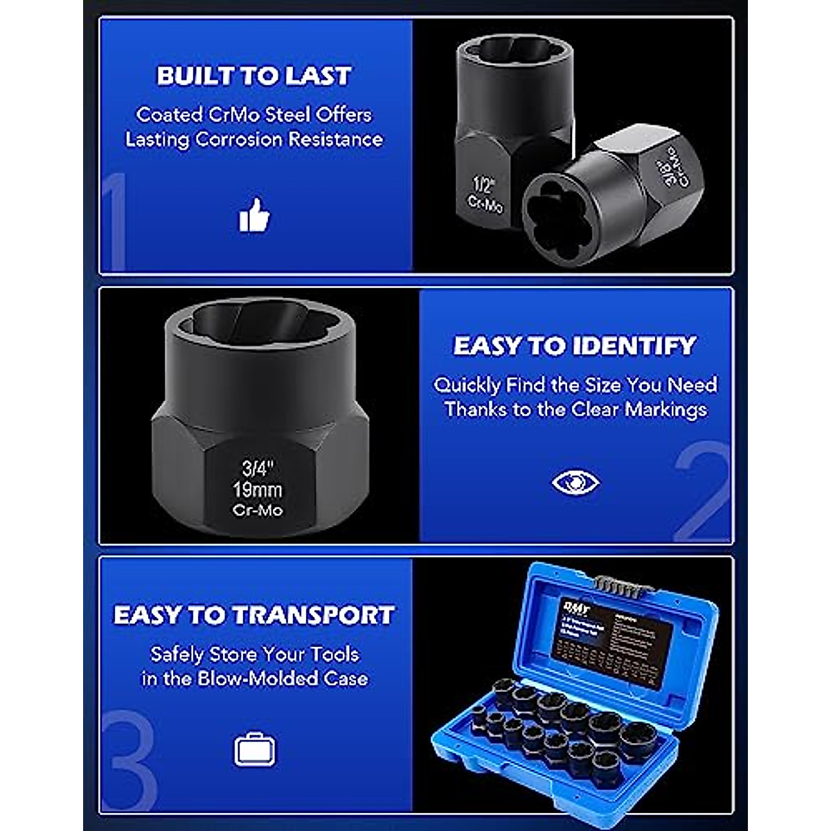 OMT Impact Nut and Bolt Extraction Tool Set, Rusted Damaged Stripped Nut and Bolt Remover Tool Kit, Nut Bolt Extractor Socket Set in 13 SAE and Metric Sizes for 3/8 Inch Drive with Case