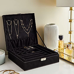 Black Jewelry Box with Lock and Key, 2 Layer Travel Display Case and Storage Organizer with Removable Tray for Earrings, Men, Girls, and Women (10.5x10.5x3.5 in)