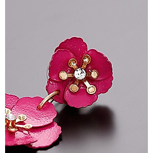 NVENF Flower Dangle Earrings for Women Tiered Petal with Crystal Center Triple Flowers Dangling Earring Fashion Jewelry Stud Drop Earrings(Hot Pink)