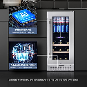 WINEBOSS 15 Inch Wine and Beverage Refrigerator, 13 Bottle & 48 Cans Dual Zone Built-in Under Counter Cooler Freestanding Cellars Fridge with Upgrade Compressor Tempered Glass Door Lock, Small Chiller
