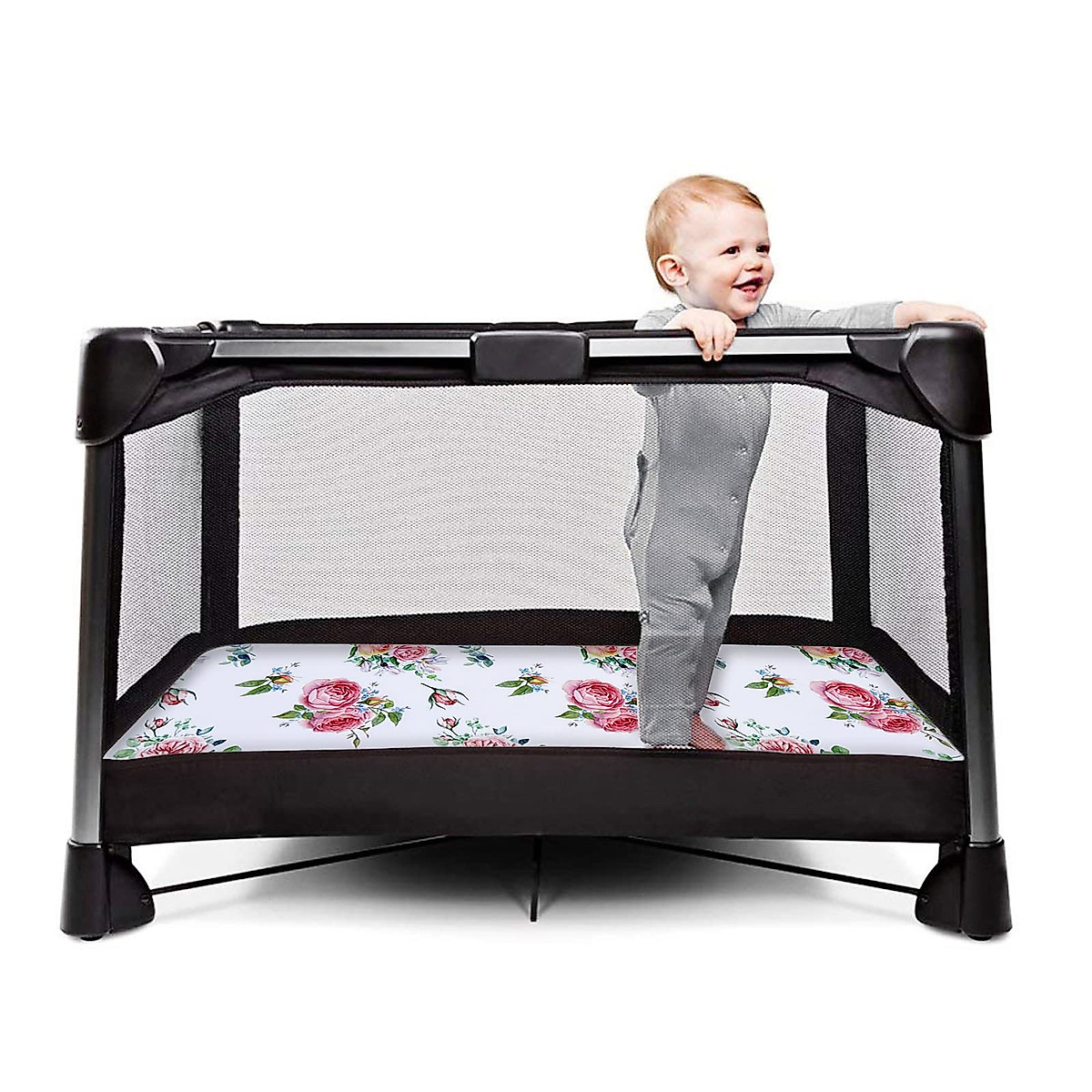 AMROSE 3 Pack Soft Floral Mini Crib Sheets, Microfiber Pack N Play Sheets Set for Baby Girls, Silk Touch Gentle Playard Sheet Portable Crib Sheet, Floral Theme