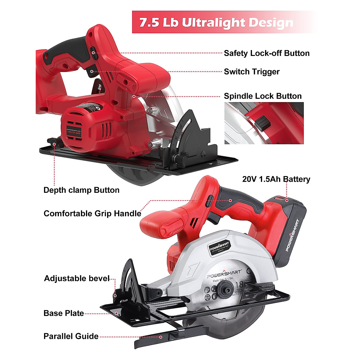 PowerSmart 20V 5-1/2 Inch Cordless Circular Saw with 1.5Ah Battery and Fast Charger, 3800RPM, Max Cutting Depth 1-7/16”(45°), 1-5/8”(90°)