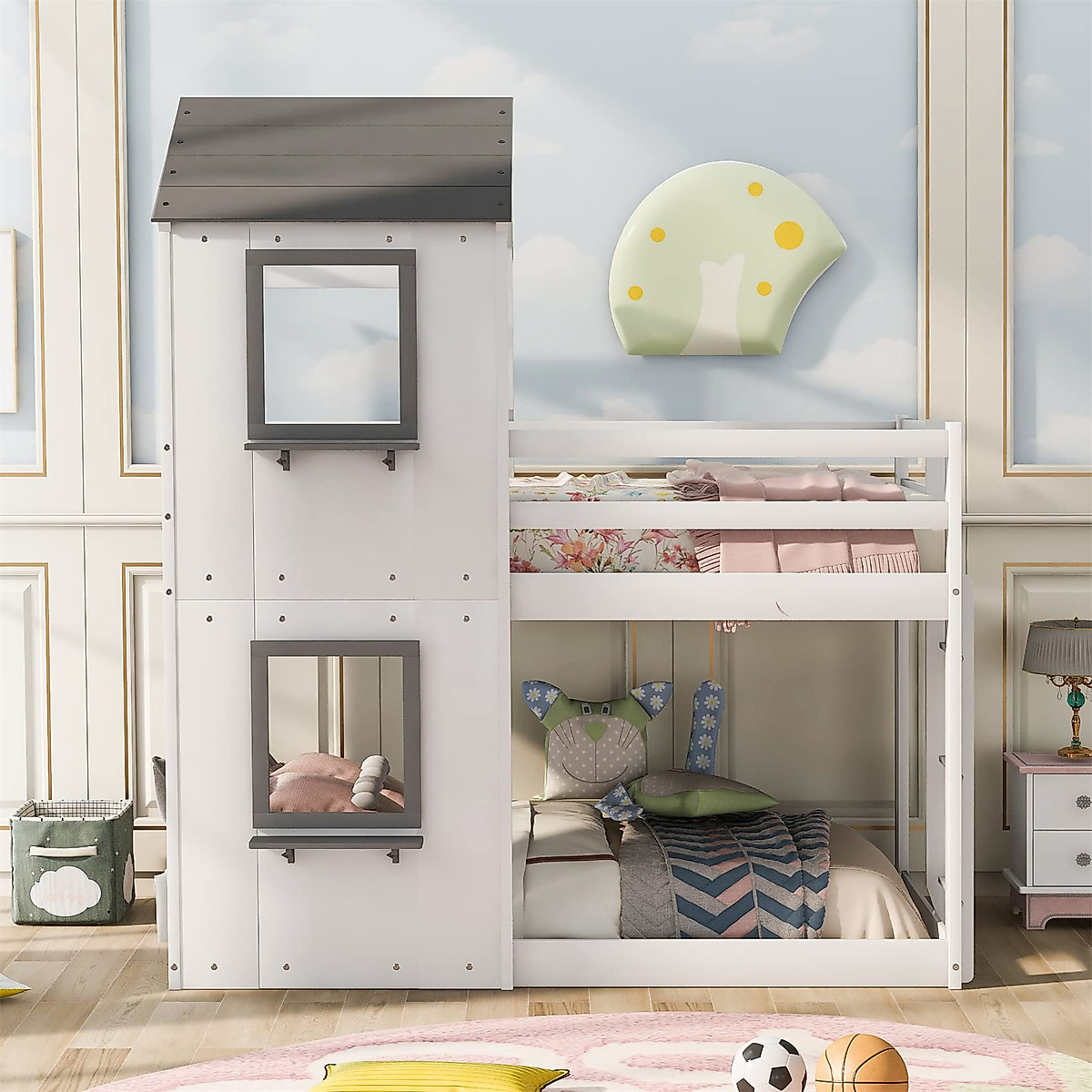 House Bunk Beds, Twin Over Twin Bunk Bed Wooden Floor Bunk Bed Frame for Kids/Teens/Girls/Boys, White