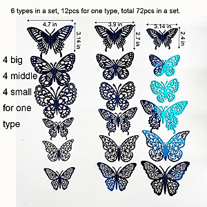 72Pcs Gold Silver Butterfly Wall Sticker Decal 3D Metallic Art Butterfly Mural Decoration DIY Flying Stickers for Kids Bedroom Home Party Nursery Classroom Offices Décor (Blue 1)