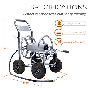 Giraffe Tools Hose Reel Cart, Hose Cart with Wheels Heavy Duty, Industrial Hose Reels for Outside, 250-Feet of 5/8" Hose Capacity, Hose Guide Pre-Installed
