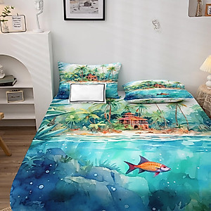 Fish Sheets Full Size, Tropical Landscape Bed Sheets, Patterned Bedding Sheets & Pillowcases 4 Piece Set - Soft Microfiber Deep Pocket Fitted Sheet & Flat Sheet & 2 Pillow Cases M2-&-191