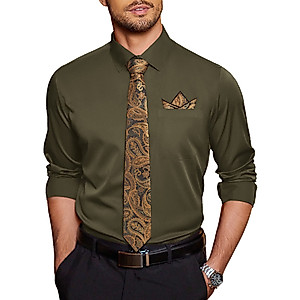 COOFANDY Men's Dress Shirt Wrinkle Free Dress Shirts with Matching Tie Army Green