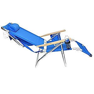 Deluxe 5 pos Lay Flat High Aluminum Beach Chair Lounge Chaise with Foot Rest, Large Storage, Waterproof Cell Pouch