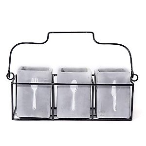 MADECO Kitchen Utensil Holder Set 3 Pieces Cement Utensil Crocks & 1 Portable Wire Caddy - Embossed Design-Organize Your Flatware & Silverware with Ease (Square)