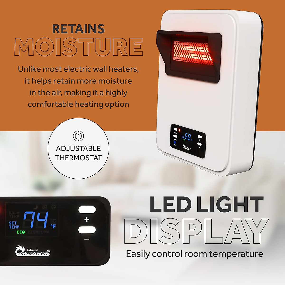 Dr. Infrared Heater Ecoheat Wall Hung or Wall Mounted Electric Space Heater, Dual System with Infrared and Fan Forced, Remote Control, 1500W, White