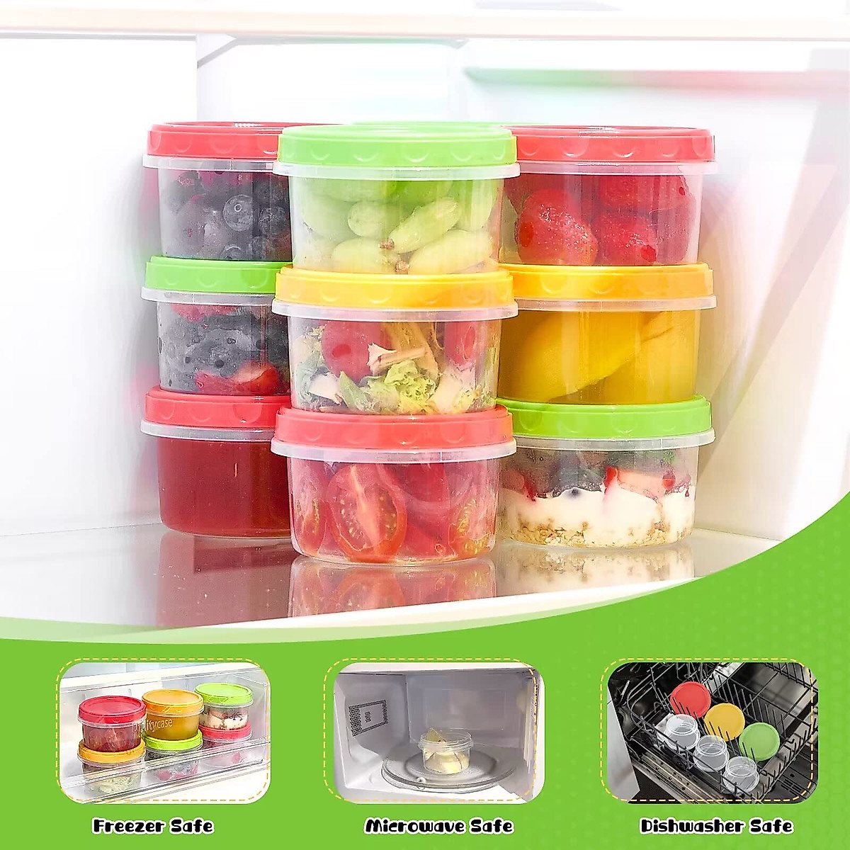 Zezzxu 12 Pack 8 oz Small Plastic Containers with Screw on Lids, Reusable Deli Containers Stackable Food Storage Jars, Microwave & Freezer Safe (Green)