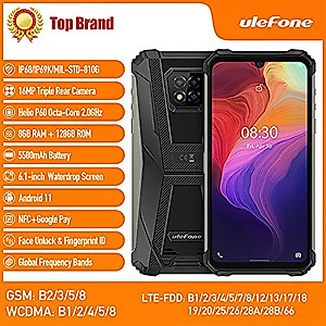 Ulefone Armor 8 Pro Rugged Phone,Android 11 8GB+128GB Waterproof Cell Phone,Helio P60 Octa-core 16MP Triple Rear Camera, 6.1" HD+ Display 5580mAh Battery, Global Dual SIM 4G Mobile Phone-Black