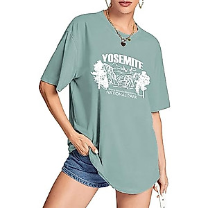 CSDAJIO Women's Graphic Oversized Tee Mountain Letter Print National Park Shirt Vintage Half Sleeve Loose Casual T Shirts Yosemi LightGreen Large