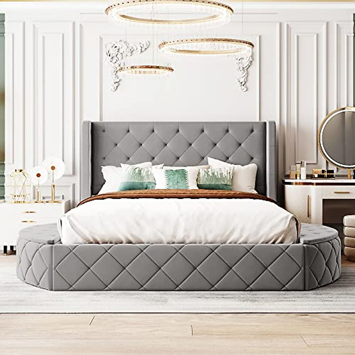 BOVZA Queen Size Platform Bed Frame, Velvet Upholstered Bed with Wingback Headboard and and 1 Big Drawer, 2 Side Storage Stool, No Box Spring Needed, Gray
