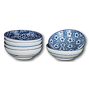 Porcelain Chinese Japanese Bowl Sets with Free 6 Porcelain Spoons, Set of 6