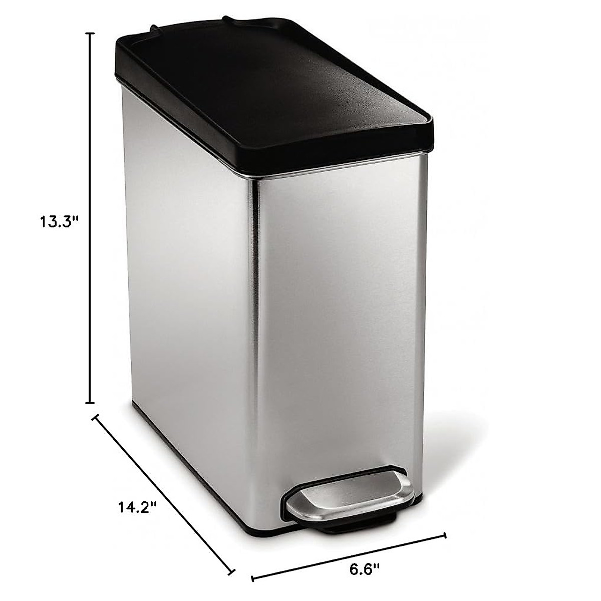 simplehuman 10 Liter / 2.6 Gallon Bathroom Slim Profile Trash Can, Brushed Stainless Steel with Plastic Lid