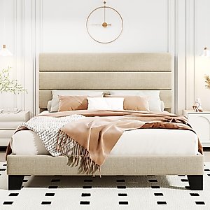 HOOMIC Queen Size Bed Frame with Headboard, Fabric Upholstered Platform Bed with Strong Wood Slats Support, Mattress Foundation, No Box Spring Needed, Beige