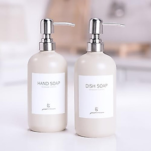 GraceHomewares Stoneware Ceramic Dish Soap Dispenser for Kitchen Sink | Kitchen Soap Dispenser Set | Soap Holder Bathroom Hand Soap Dispenser | Waterproof Labels | 2 Pack | Warm Grey w/Silver Pump