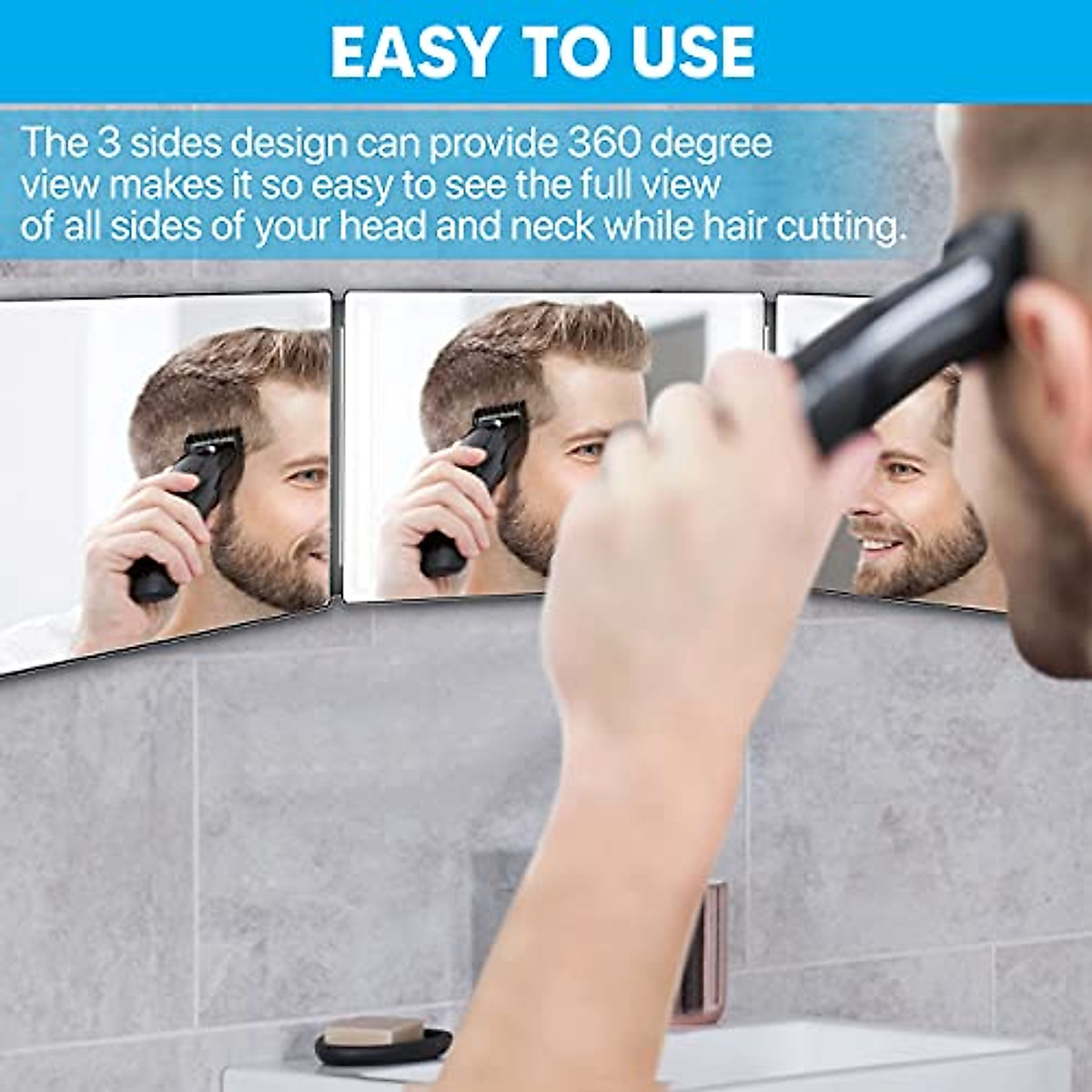 SZHSTC 3 Way Mirror for Hair Cutting with Lights, 360 Trifold Mirror for Self Haircuts for Men Barber Use Hair Cutting Tools to See Back of Head with Adjustable Portable Hooks