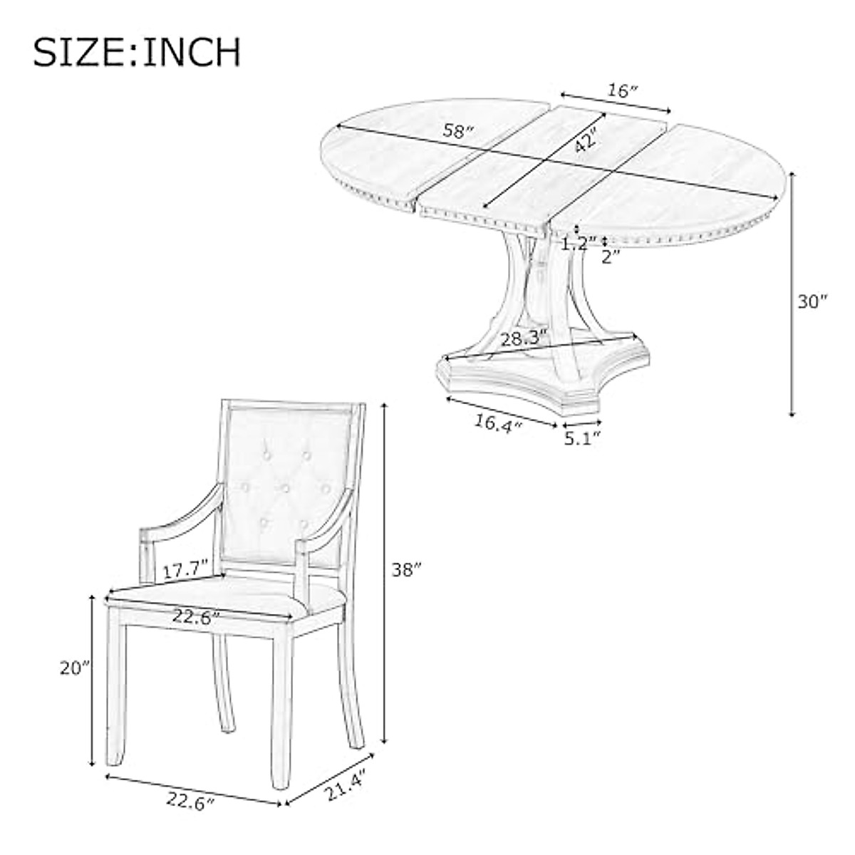 KoiHome, Wood Two-Size Round to Oval Butterfly Leaf, 4 Upholstered Armrest, 4 (Antique Grey Oak), 5-Piece Extendable Dining Table/Chairs Set