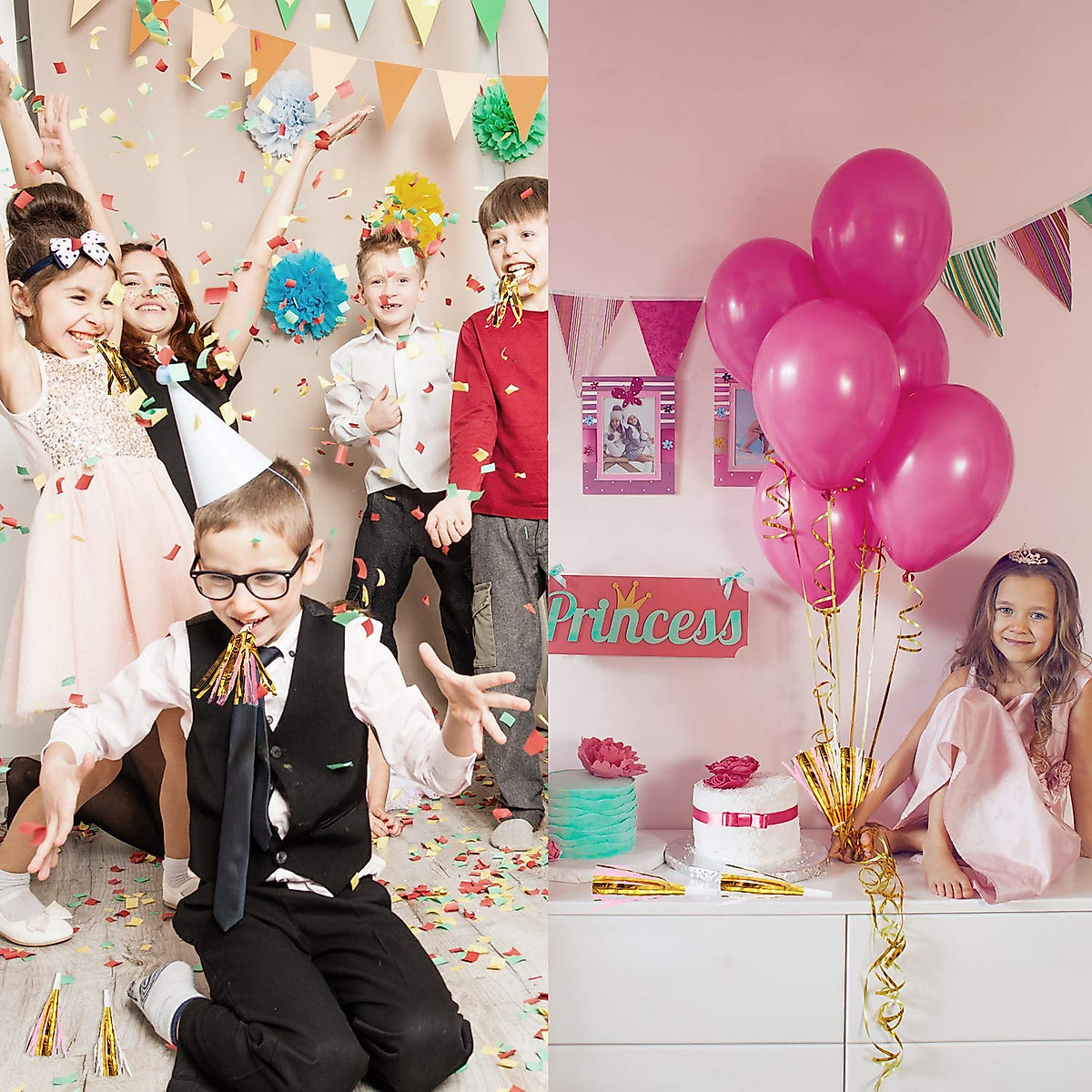 Gejoy 24 Pieces Glitter Metallic Fringed Noise Maker Musical Blowouts Whistle Fringed Party Blower Birthday Baby Shower New Year Party Favor Supplies