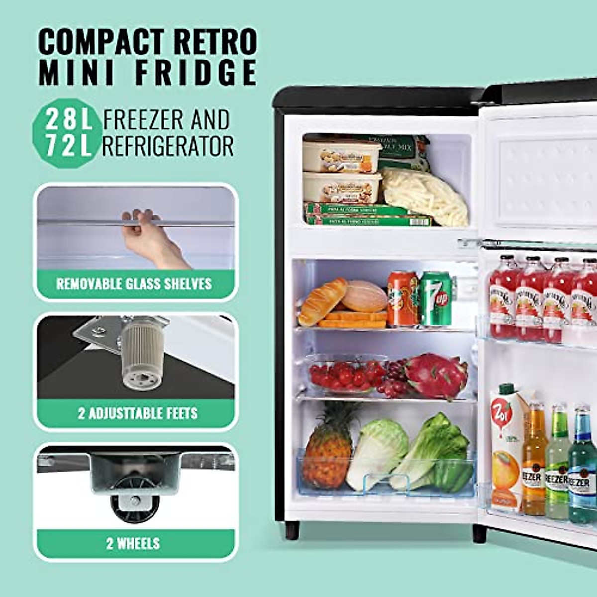 DEMULLER Mini Fridge Dual Door Refrigerator with Freezer, 3.5 Cu.Ft Compact Refrigerator with Handle, Adjustable Temperature & Removable Glass Shelves, for Apartment/Dorm/Office/RV, Black