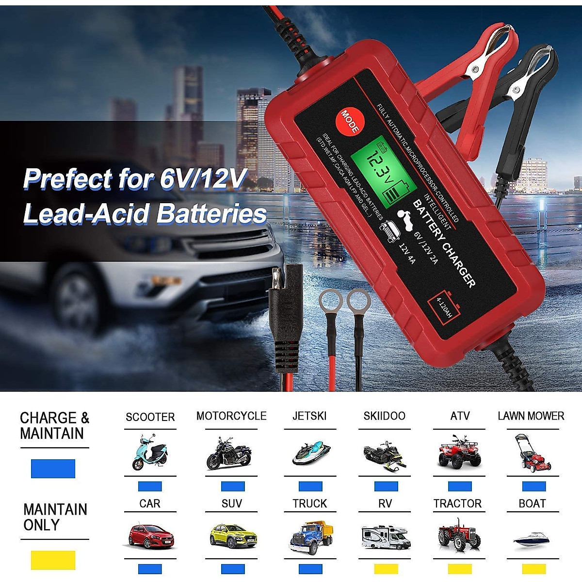 Sailnovo 4A Smart Car Battery Charger, 6V 12V Automotive Charger Maintainer Fully Automatic 8-Stages Trickle Charger for Automotive Motorcycle Car Battery, Portable 4A Car Battery Charger 6V 12V