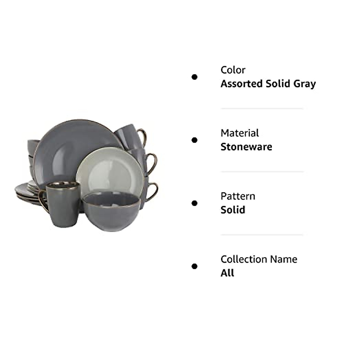 Elama Round Stoneware Grand Collection Dinnerware Dish Set, 16 Piece, Assorted Solid Gray