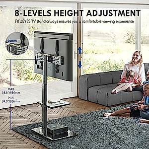 FITUEYES Universal TV Stand for 32 39 40 43 49 50 55 60 Inch TVs, TV Floor Stand with Swivel Mount, Max Holds 66lbs, Black Glass Base, Height Adjustable, Perfect for Corner & Bedroom
