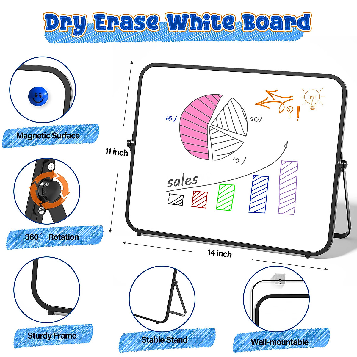 Xpener Dry Erase Calendar White Board for Wall, 14" x 11" Magnetic Double-Sided Whiteboard with Stand for Desktop, Kids Desk Whiteboard Monthly Planner Schedule Board for Home, Office, School (Black)