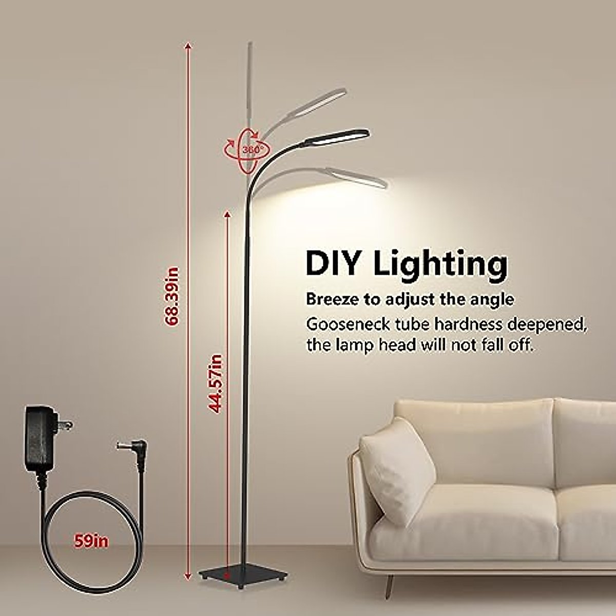 Koopala LED Floor Lamp, Bright Tall Standing Light with Dimmable 4 Brightness&4 Color Temps, Adjustable Gooseneck, 3 Timer, Touch& Remote Control, Couch Lamp, for Reading/Living Room/Bedroom/-Black