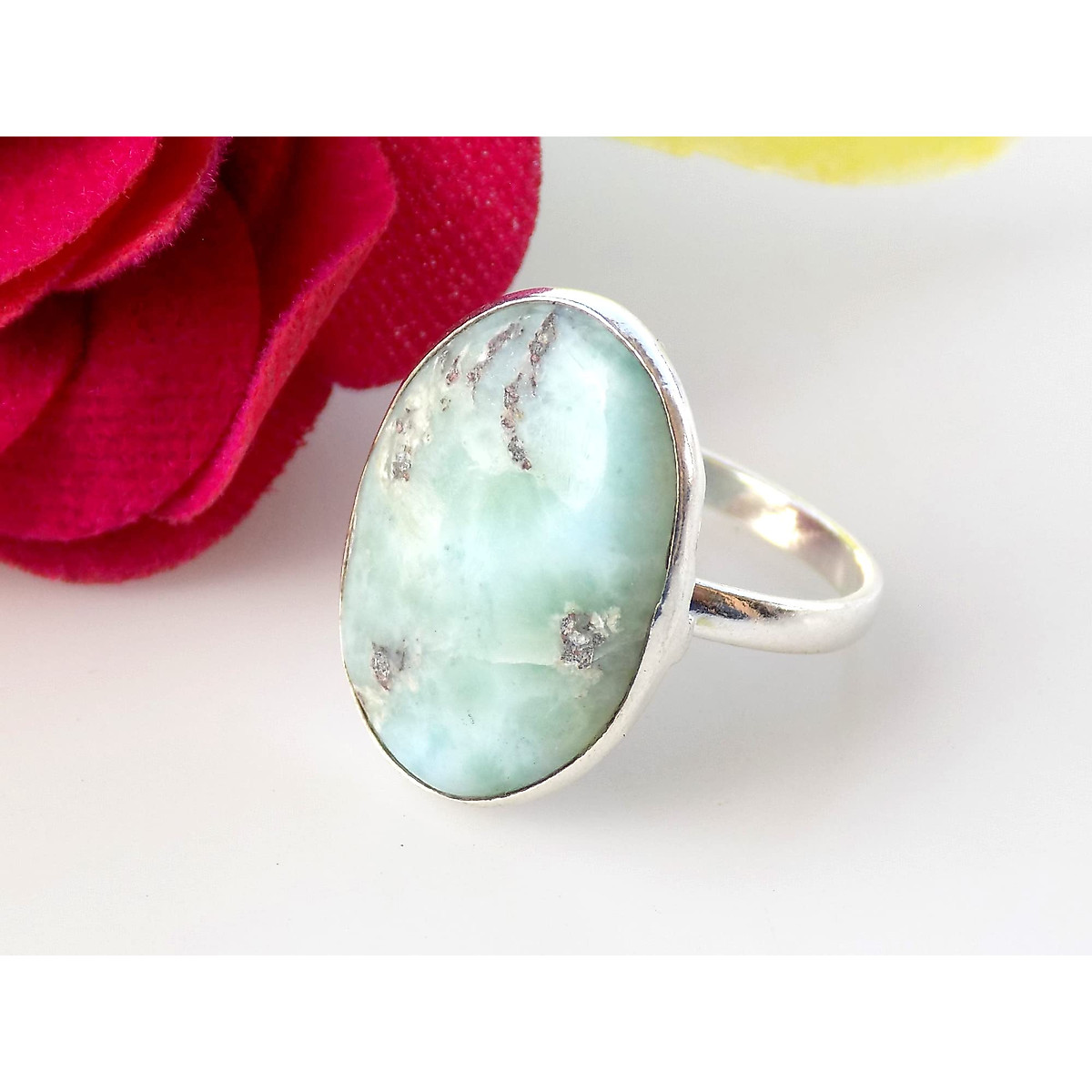 Natural Larimar Ring, Women's Ring, Statement Ring, Simple Bezel Gemstone Ring, (Size- 6.5 USA) Blue
