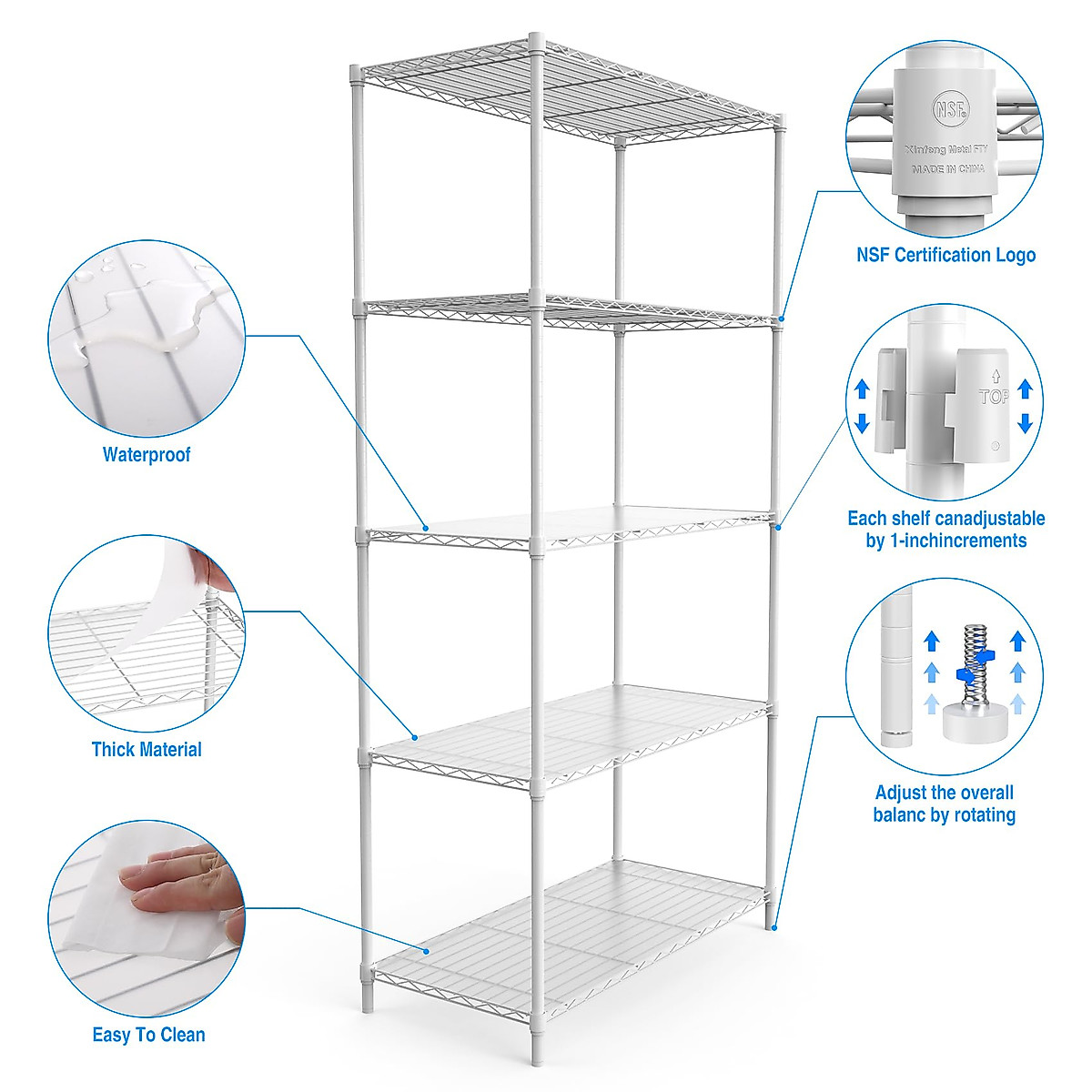 pouseayar 5 Tier Metal Garage Shelving Kitchen Shelves, 1750LBS NSF Heavy Duty Adjustable Shelving Units and Storage for Kitchen Garage Basement Commercial Shelving Garage Organization Storage White