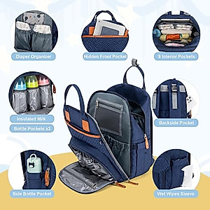 KABAQOO Baby Diaper Bag Backpack for Boys Girls, Multifunction Waterproof Travel Diaper Bag with Portable Changing Pad, Pacifier Case and Stroller Straps, Blue