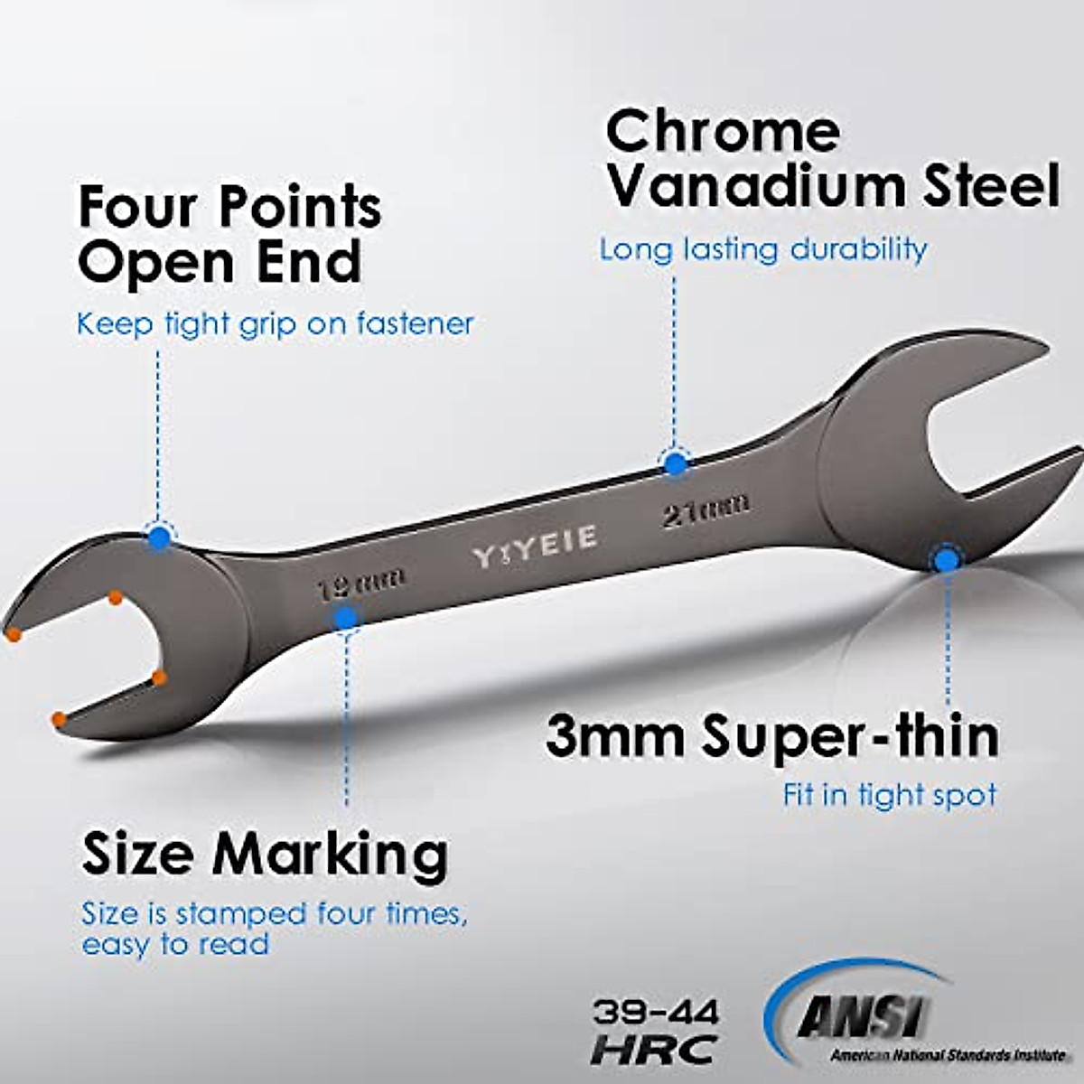 YIYEIE Super-Thin Open End Wrench Set, 10-Piece Metric, 5.5, 7, 8, 9, 10, 11, 12, 13, 14, 15, 16, 17, 18, 19, 20, 21, 22, 23, 24, 27 mm, Nickel Coating, CR-V Steel, Slim Wrench with Rolling Pouch