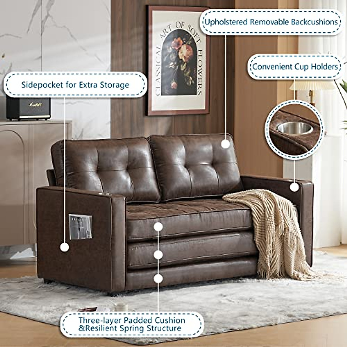 VINGLI Upgraded 64" W 84" L Full Size Futon Sofa Bed, 6" Thick Upholstery Rustic Microfiber Loveseat Sofa Sleeper Pull Out Couch,Convertible Floor Couch for Living Room, Bedroom, Entertainment Room