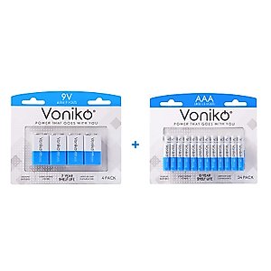 Voniko Alkaline 9V Battery 4 Pack & AAA 24 Pack Triple A Battery- Ultra Long Lasting