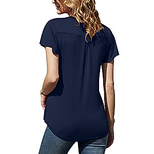 Leafsay Womens Summer Tops V Neck Ruffle Short Sleeve Tshirts Casual Tunic Tops Business Blouses for Women Navy Blue