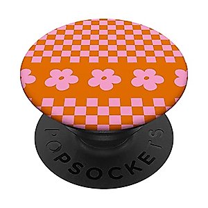Aesthetic Checker Retro Groovy Flowers in Red Pink Colors PopSockets Swappable PopGrip