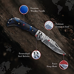 Morf Steelware Customized Damascus Steel Pocket Knife Handmade Folding Knives Small Pocket Knife for Outdoor, Camping, Hiking (Personalized Blue Pakka Wood)